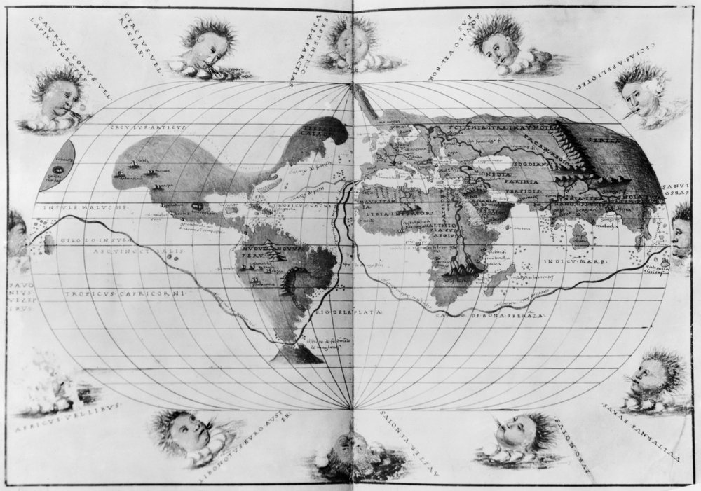 World map tracing Magellan's world voyage, from the 'Portolan Atlas of ...