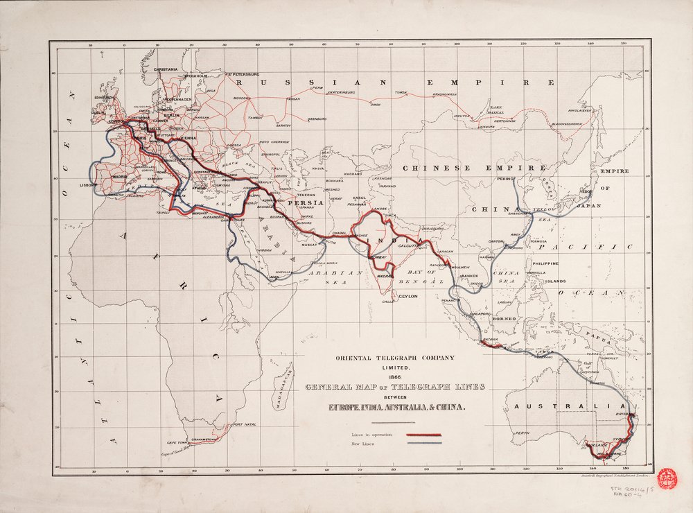 General Map of Telegraph Lines Between Europe, India, Australia, and China