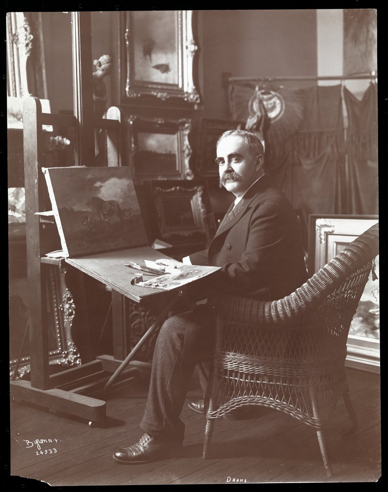Drake in His Studio with a Painting of Lions in Progress, New York, 1907