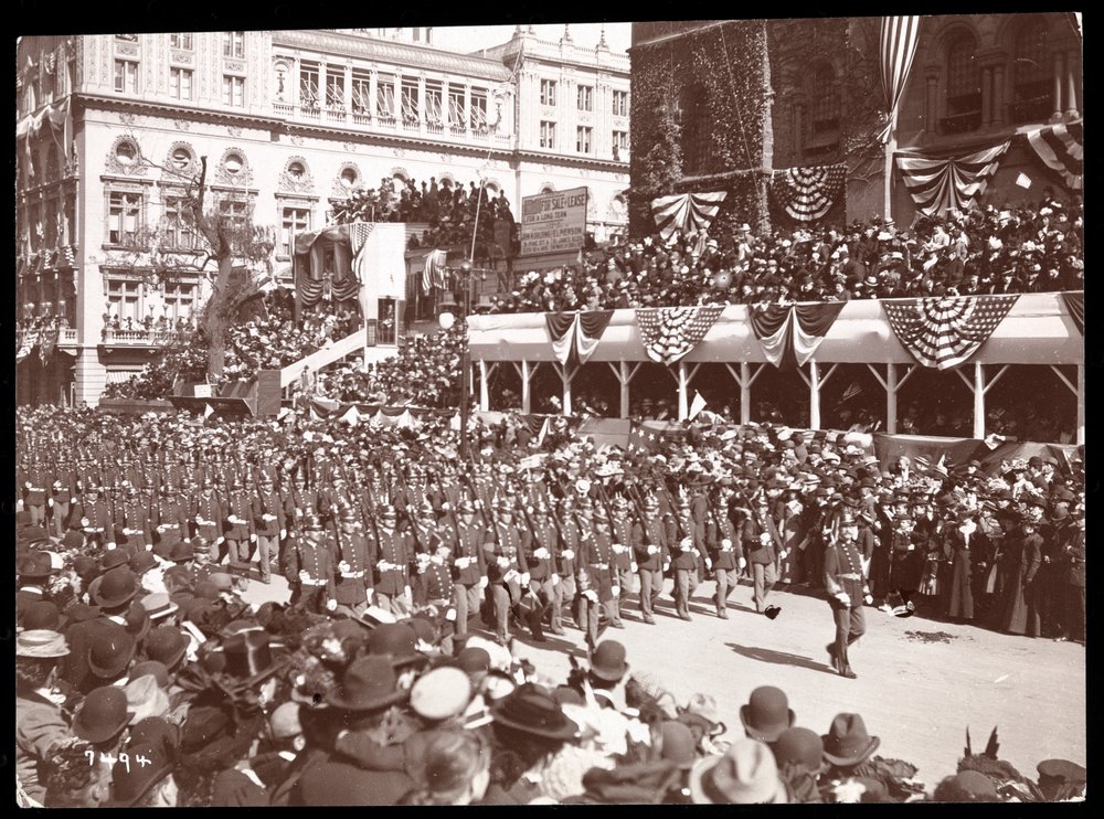 View of the Crowd and a Marching Military Group in the Dewey Parade on ...