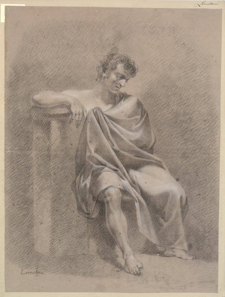 Seated Model in Drapery. Sitting on Low Plinth and Resting Right Arm on ...