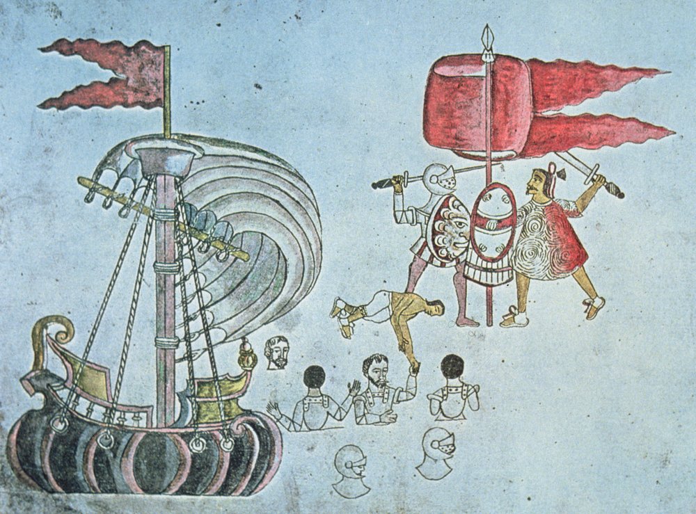 Spanish soldiers of Hernan Cortes wade ashore in 1519 to battle the ...