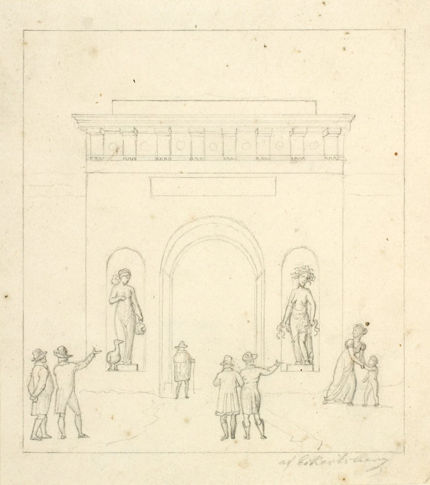 A Triumphal Arch in the Foreground with Staffage Figures