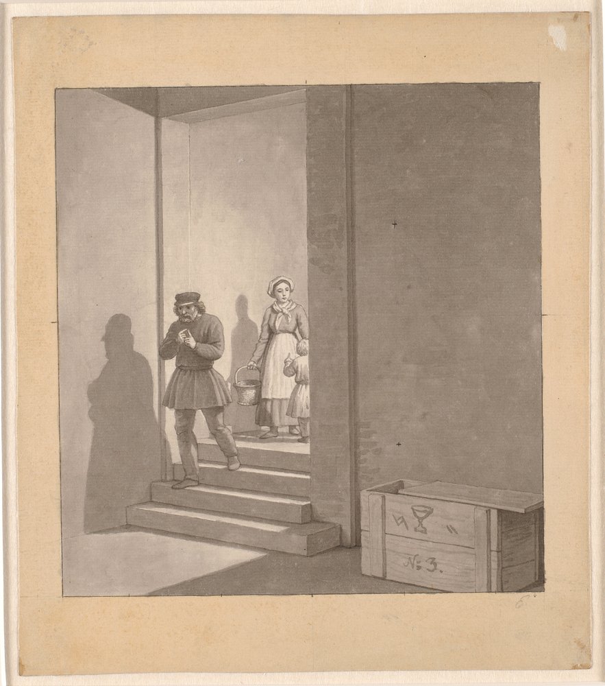 Man Descending Stairs, Woman and Child in the Background