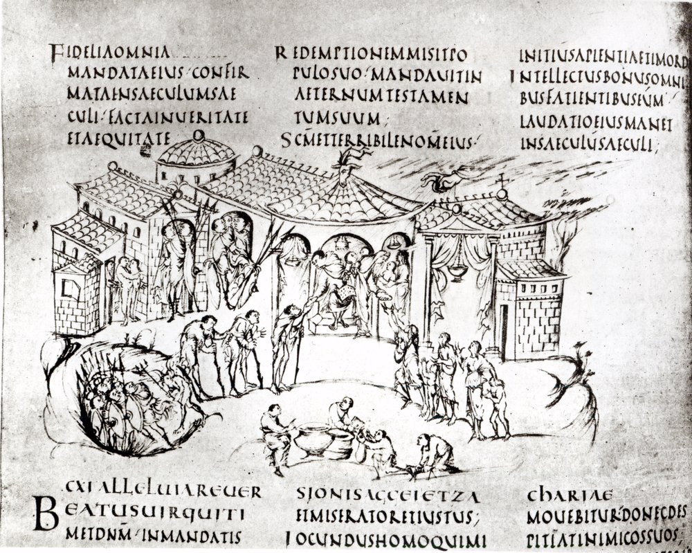 Various scenes illustrating a psalm, from the Utrecht Psalter, copy of ...