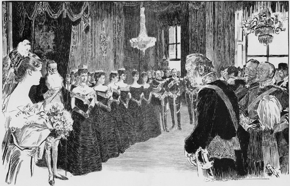 A Debutante's first glimpse of Royalty, a scene at the Queen's Drawing Room