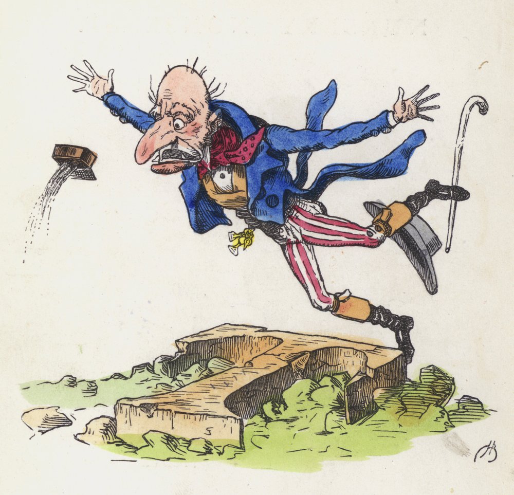 Old man tripping over a rock shaped like the letter T