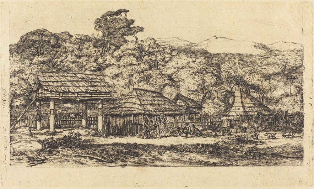 Native Barns and Huts at Akaroa, Banks' Peninsula, 1845