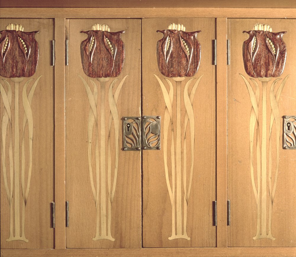 Detail of carved inlay on cabinet, made by the Guild of Handicraft, c ...