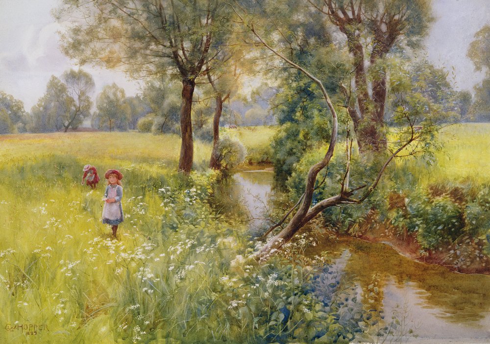 Picking summer flowers by the stream by Charles W. Hopper