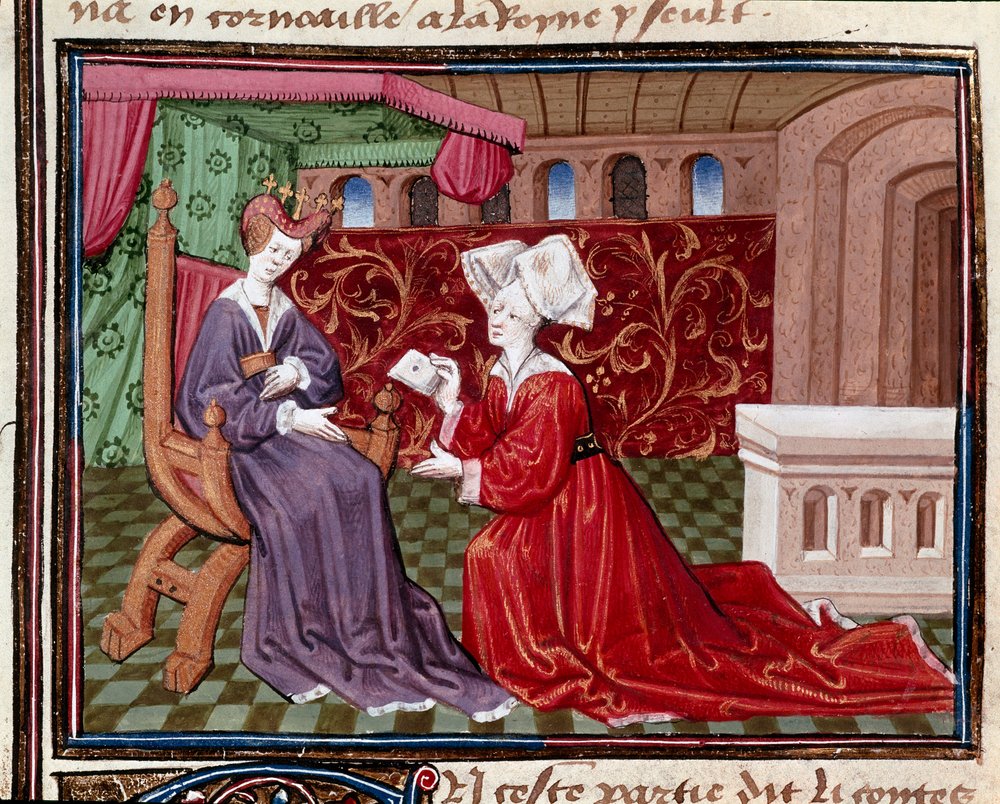A handmaid wearing a letter to Queen Iseut (or Isult) Miniature taken from 'Romanesque du ...