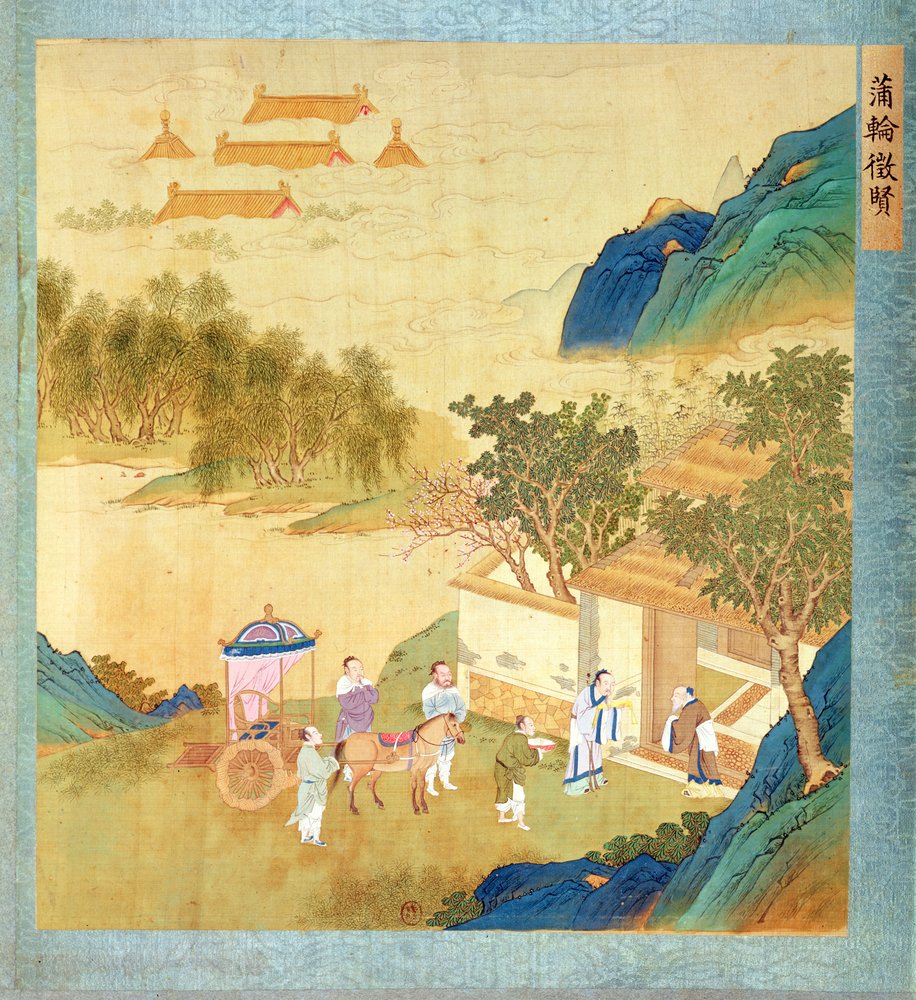 Emperor Wu Ti (156-87 BC, r. 141-87 BC) welcoming a man of letters ...