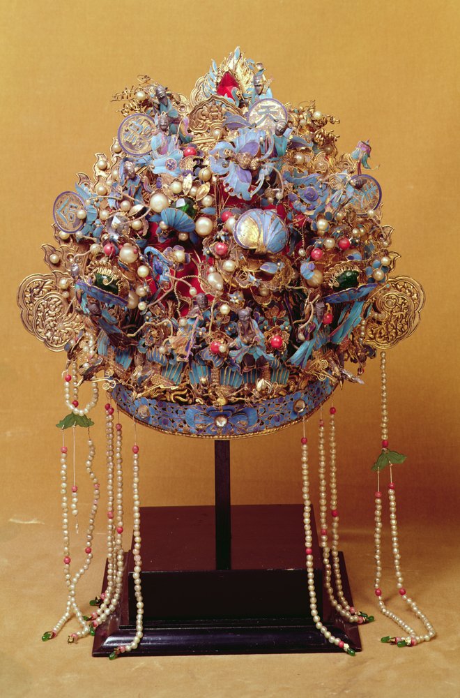 Headdress strung with coloured glass beads by Chinese School