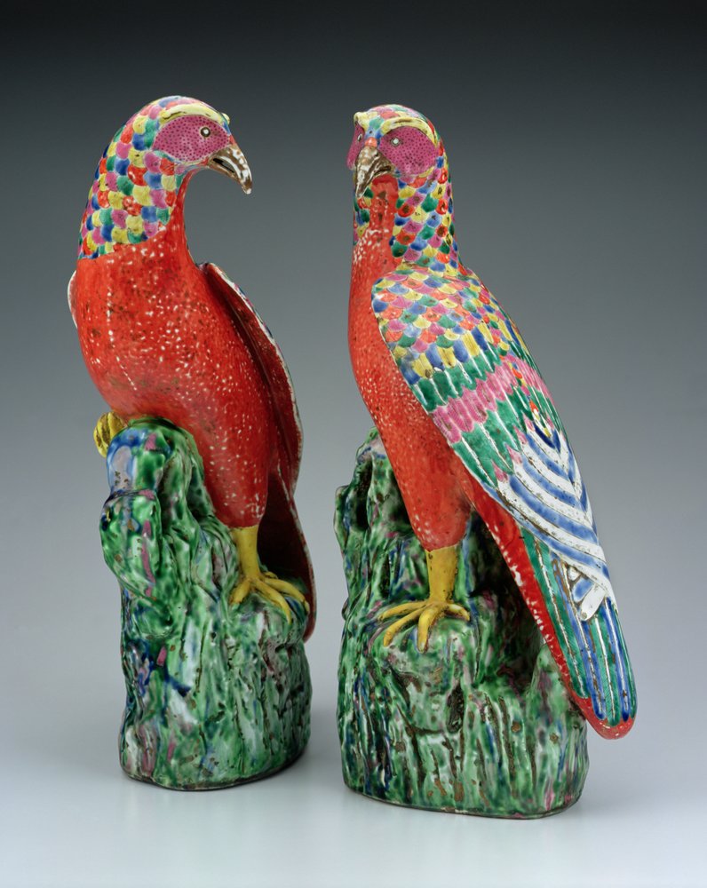 Pair of Chinese Porcelain Hawks Painted in Famille Rose Enamels