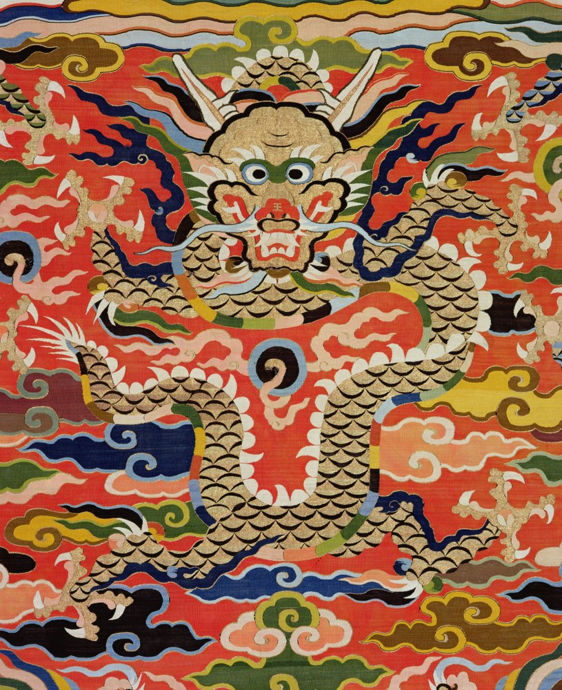 Detail from fabric depicting a five-dragon Kossu, Wanli period