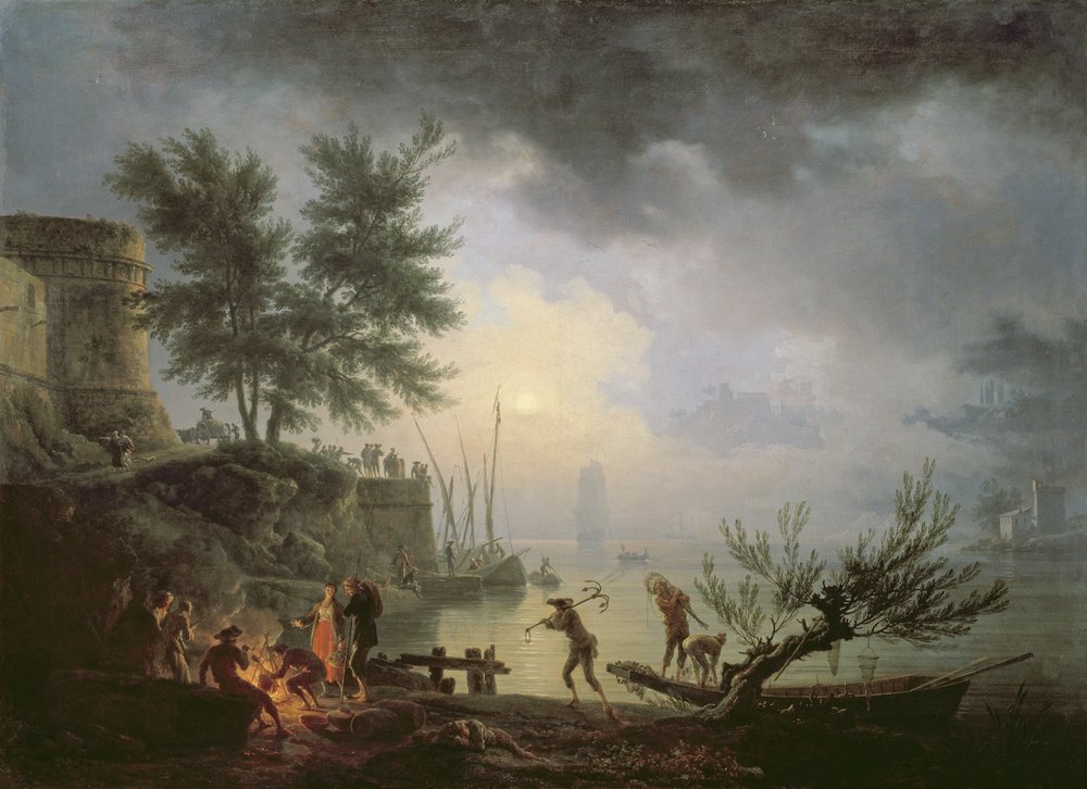 Sunrise, A Coastal Scene with Figures around a Fire