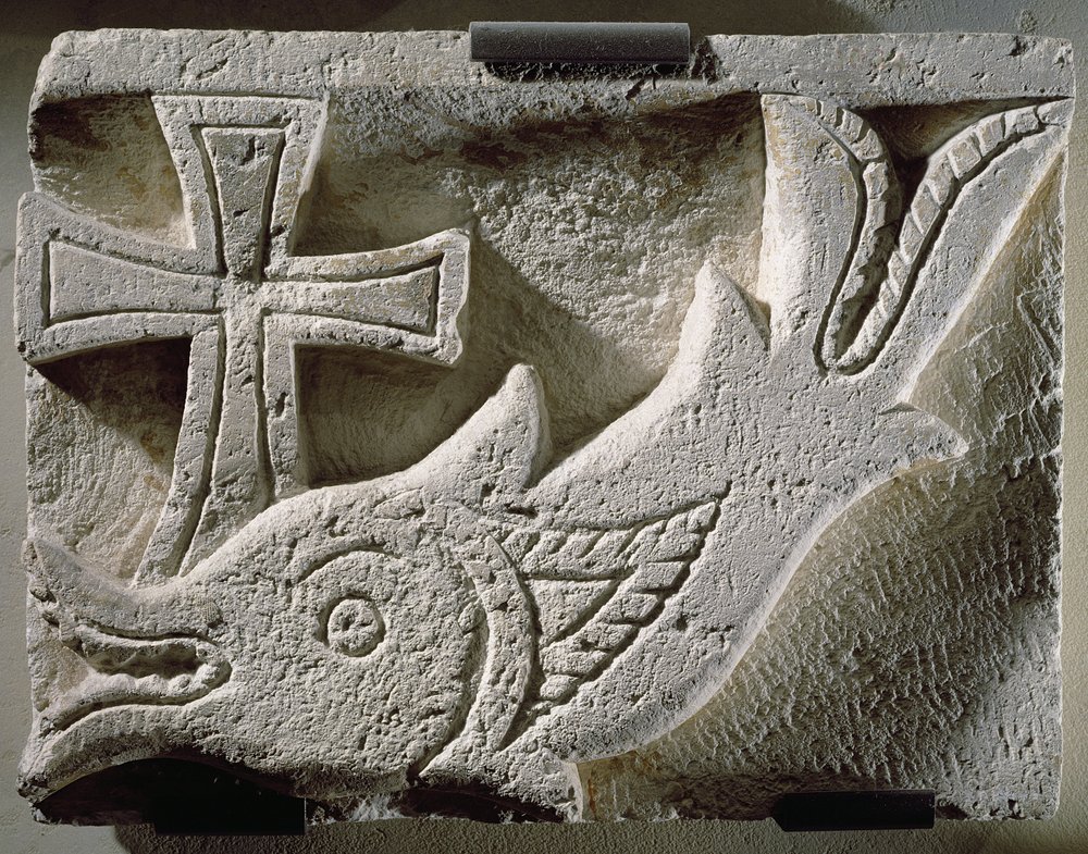 Relief depicting a fish and a cross, from the cemetery of Ermant, 4th ...