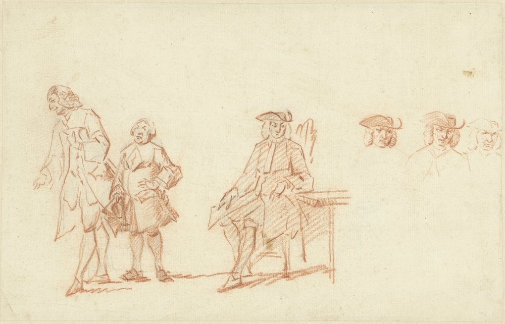 Study Sheet with Two Standing Men and a Seated Man, Whose Head is ...