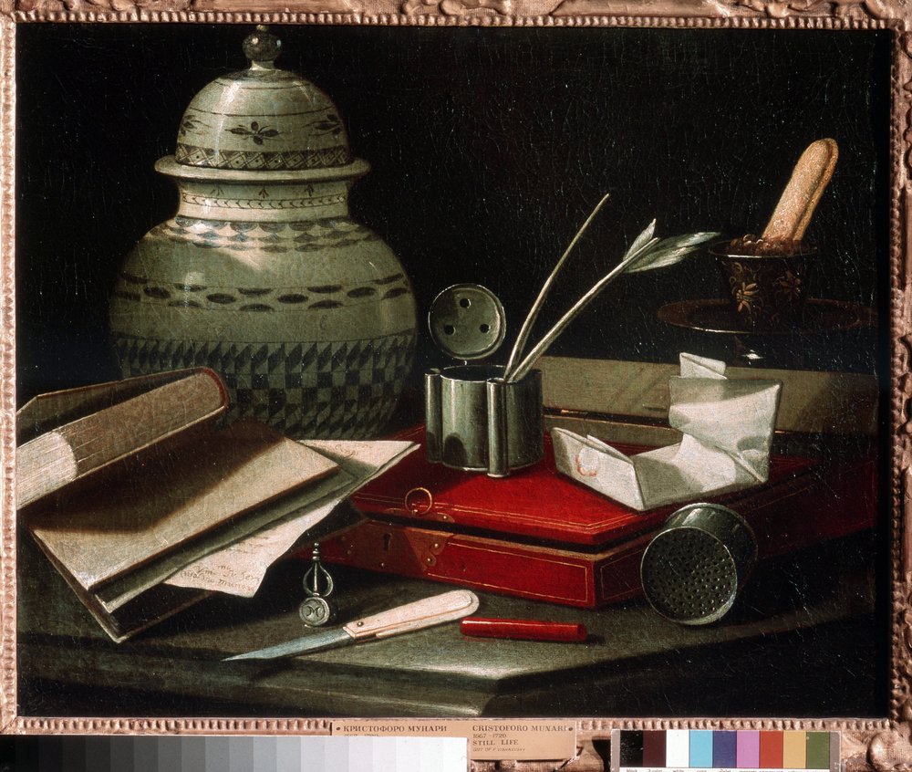 Still life with writing implements by Cristoforo Munari