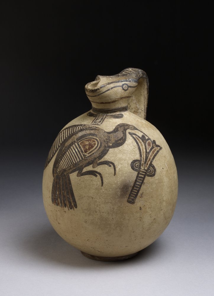 Squat Bichrome Jug in Free-Field Style with Image of Bird Picking a ...