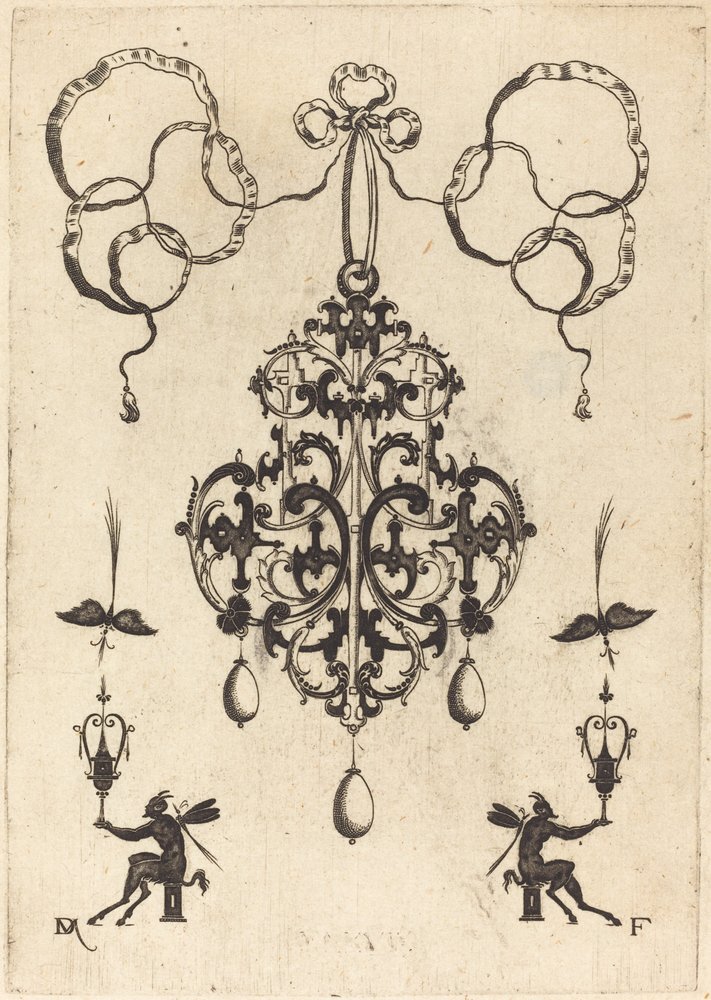 Large Pendant, Lower Left and Right Two Winged 'Devils' Sitting on ...