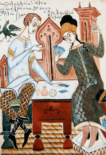 Painting from a set of four illustrations for a poem about courtship