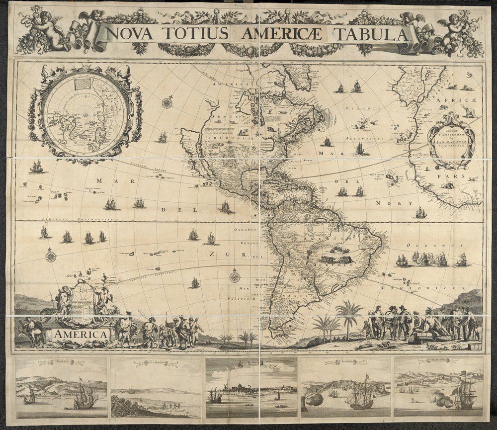 Map of America, Nova Totius Americae Tabula, with Views of Panama, Caput S. Augustini, Nieu ...