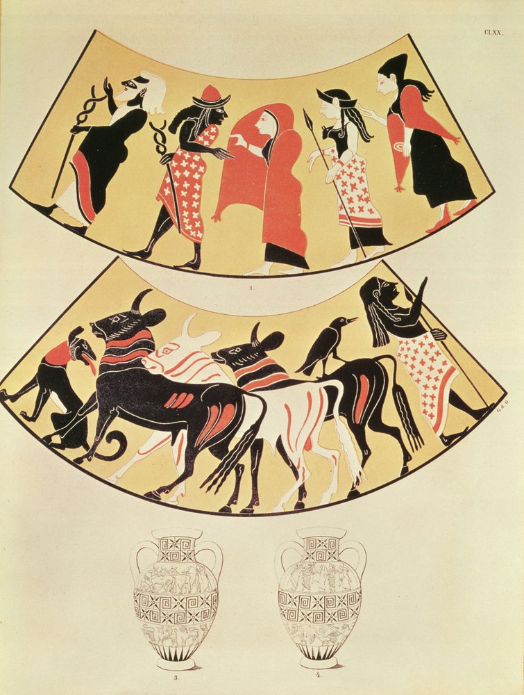 Designs from an Etruscan vase depicting a procession of priests and ...