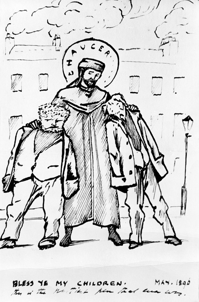William Morris and Edward Burne-Jones Being Blessed by Chaucer, Cartoon