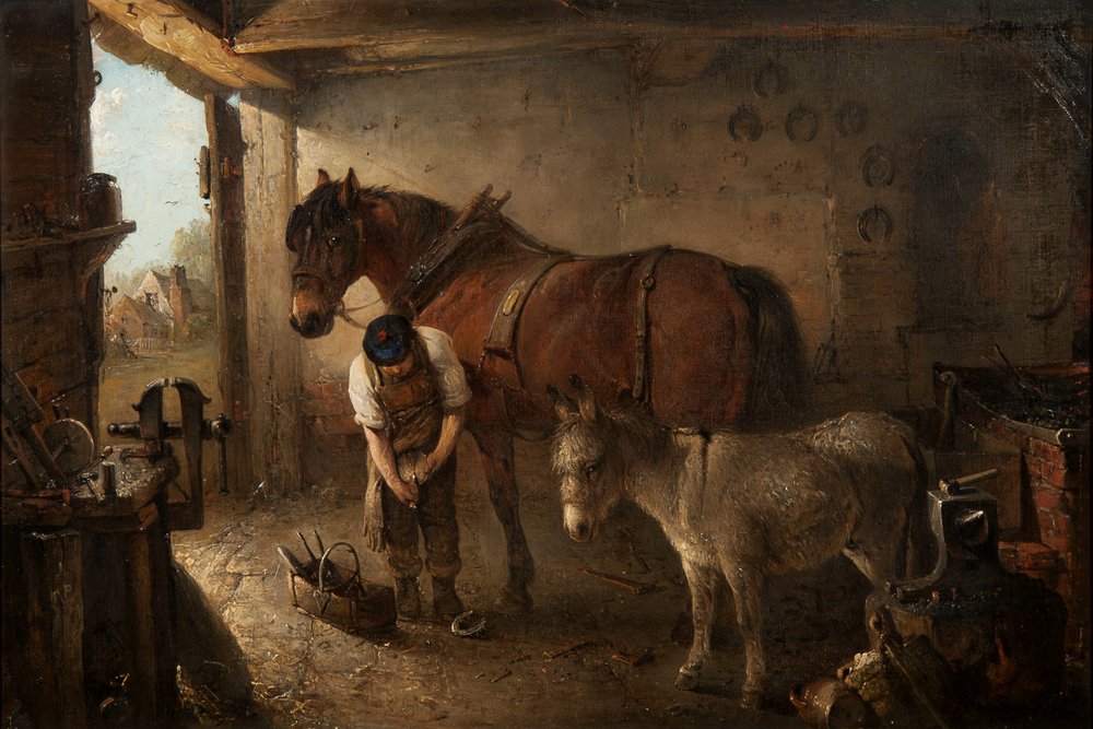 A Farrier Shoeing a Plough Horse, with a Donkey, in a Forge Interior