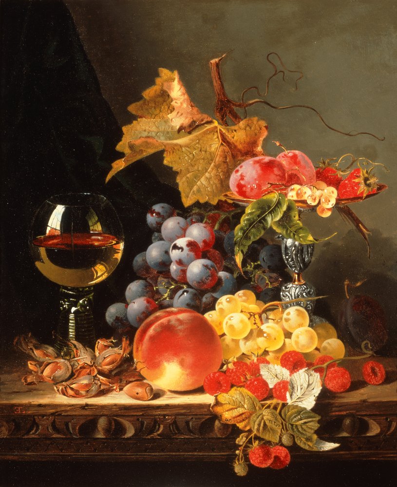 Grapes, Plums, White Currants, Strawberries with Wine on a Wooden Ledge