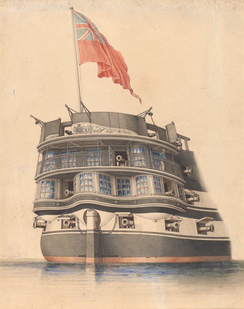Detailed view of the stern of HMS 'Asia' with ensign flying