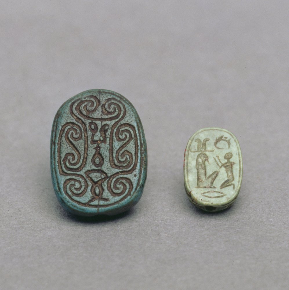 Egyptian faience scarab amulet, Second Intermediate Period; green ...