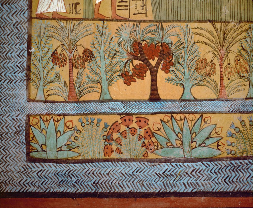 Trees, cacti, and plants in a religious painting of the vaulted tomb ...