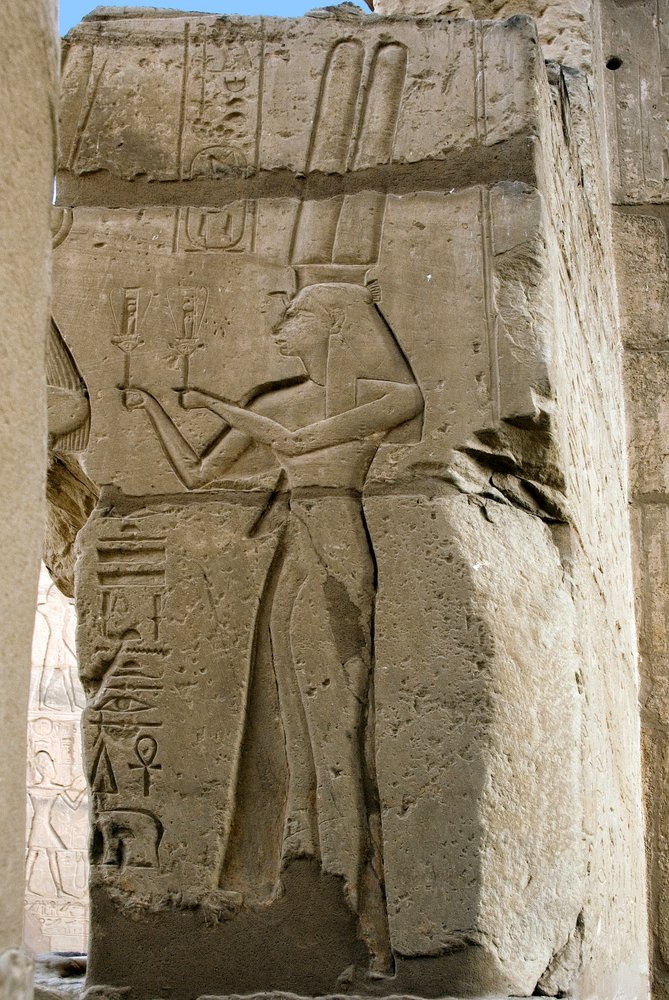 Egyptian antiquity: detail of reliefs depicting the goddess Hathor ...
