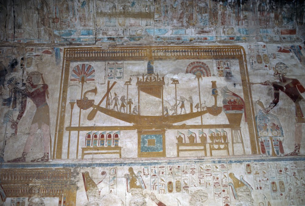 Sacred boat, bas relief, chapel of Osiris, Temple of Seti I