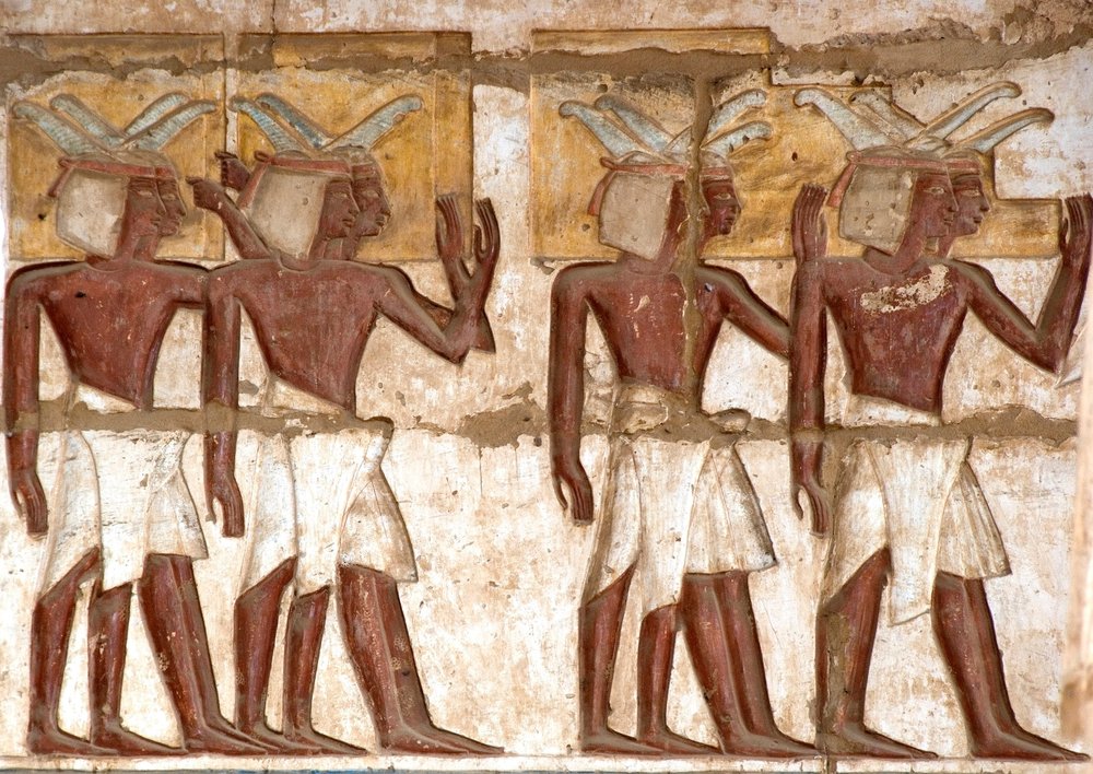 Egyptian antiquity: first court, detail of painted reliefs representing ...