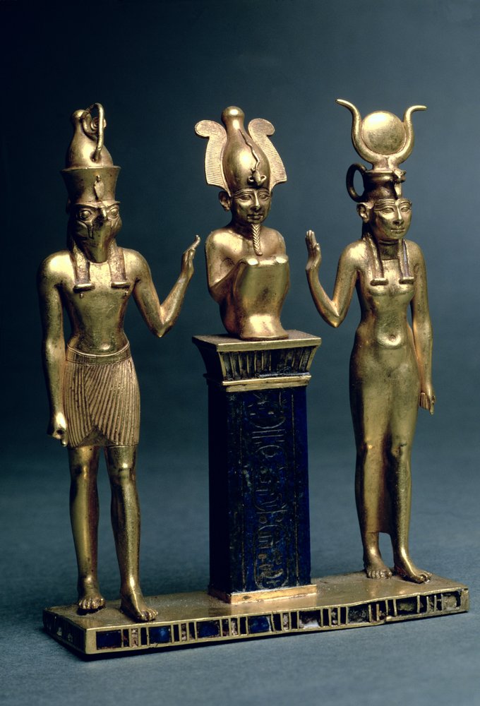 Triad of Osorkon II: Osiris flanked by Isis and Horus, Third Intermediate Period, c.874-850 BC