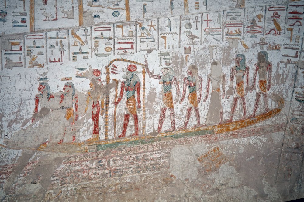Tomb of Ramses IX, Hieroglyph the God Ra on the boat, Luxor