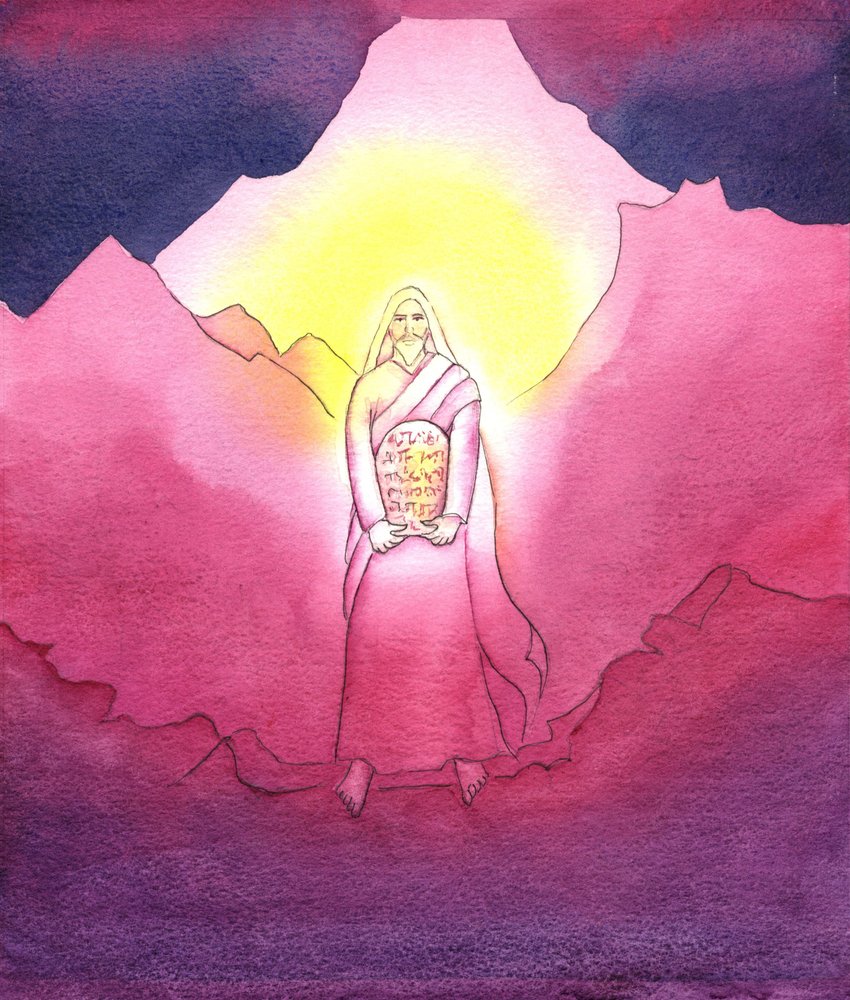 Moses brings down the Tablets of the Ten Commandments