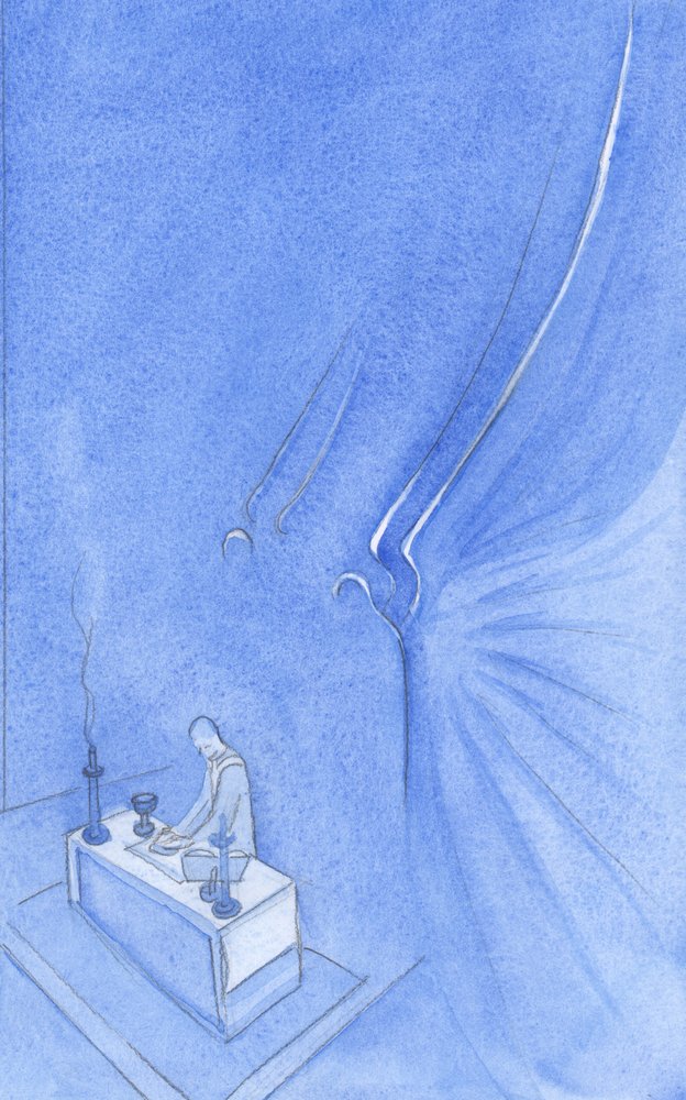 Standing behind the altar are two holy angels: tall, awesome, beautiful ...