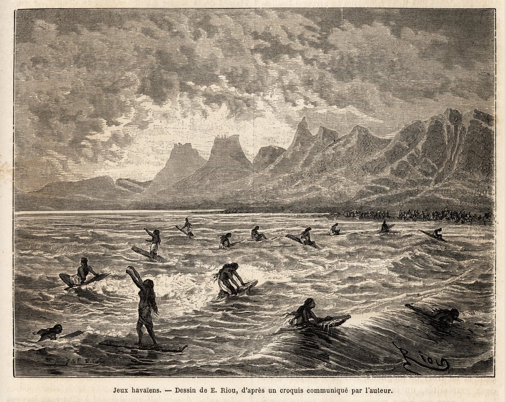 Surfing, the practice of Hawaiian favorite game, here by women, in ...