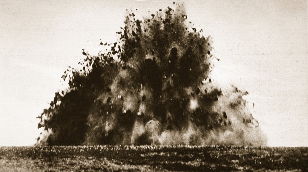 A large mine being detonated in French territory during World War One