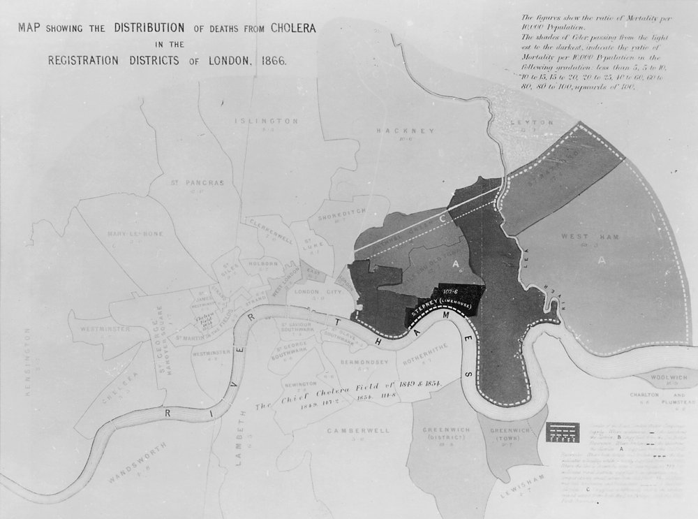 Map Showing the Distribution of Deaths from Cholera in the Registration ...