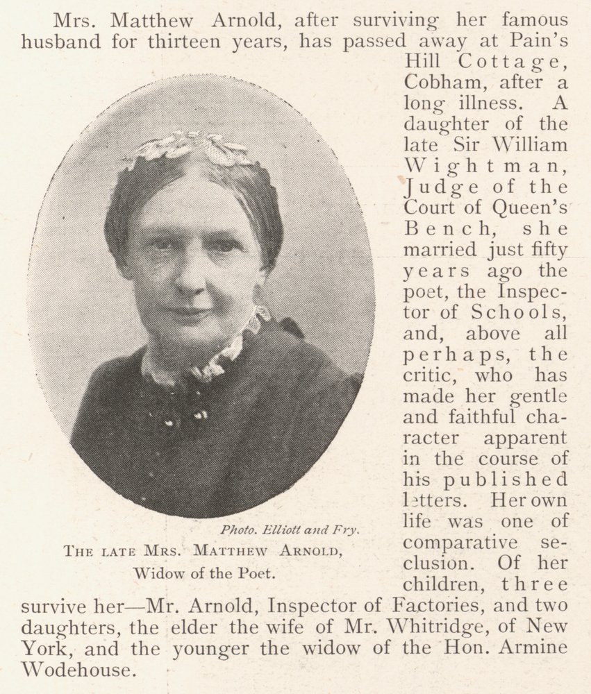 The Late Mrs Matthew Arnold, Widow of the Poet