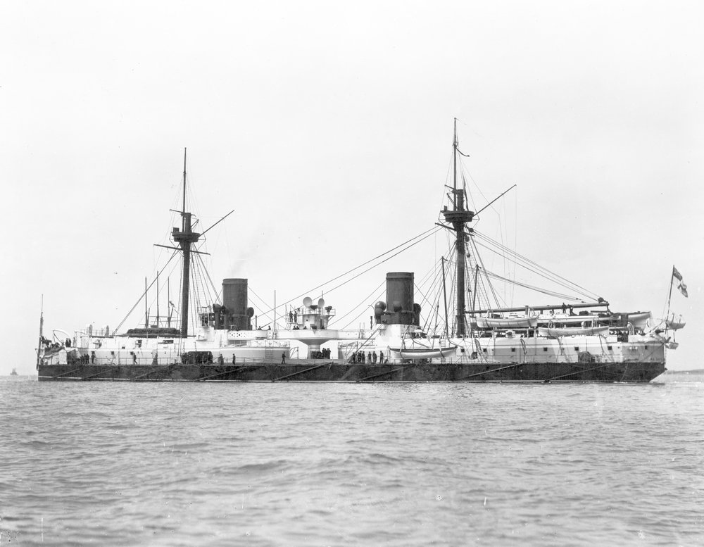 View of the ironclad battleship HMS Inflexible (launched 1876) pictured ...