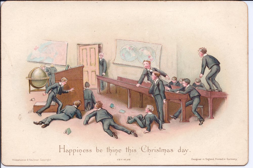 Victorian Christmas Card of a Headmaster Looking at Unruly Boys in a ...