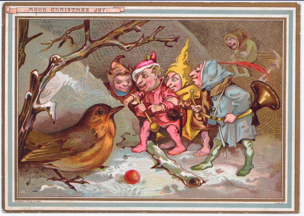 A Victorian Christmas card of a party of elves carrying musical ...