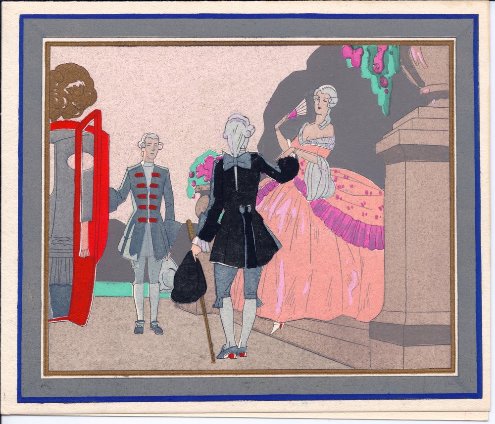 French Pochoir Christmas Card of a Grand Lady Entering Her Carriage