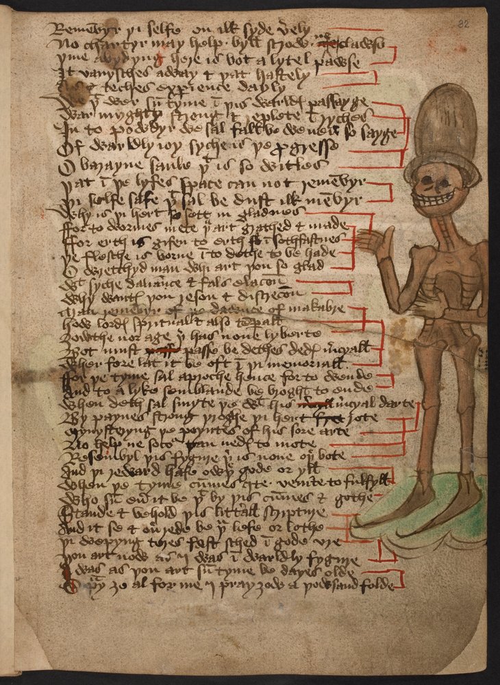 Marginal image of a grinning skeleton waving and wearing a tall hat ...